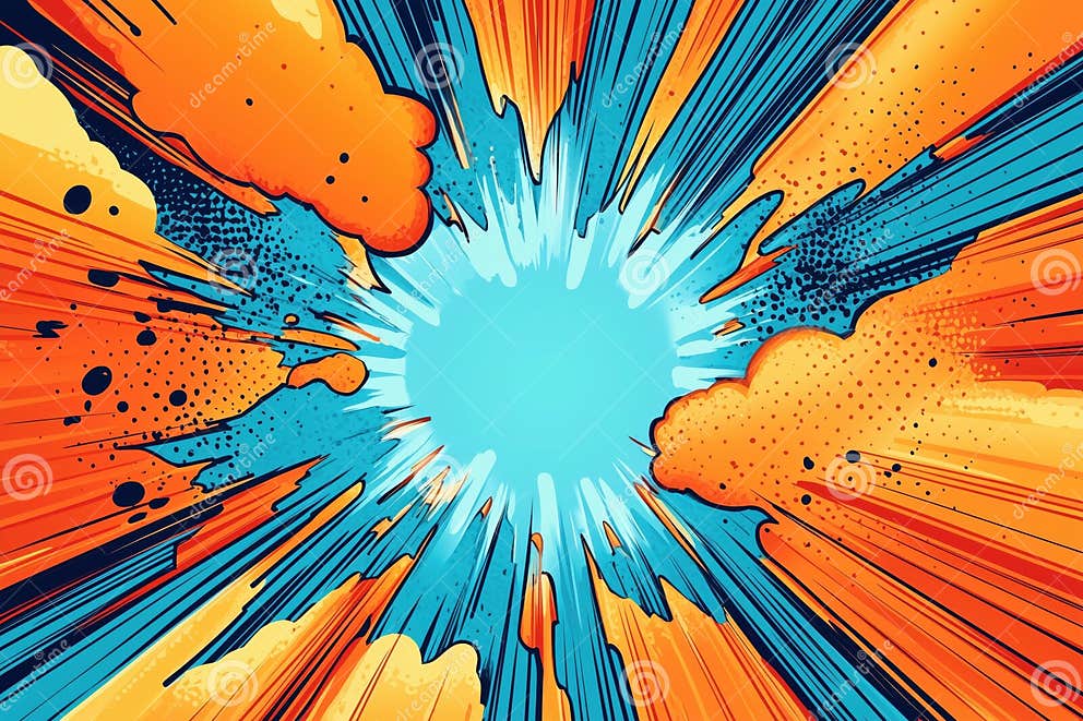 Explosive Comic Book Style Scene with Blue and Orange Rays Stock Photo ...