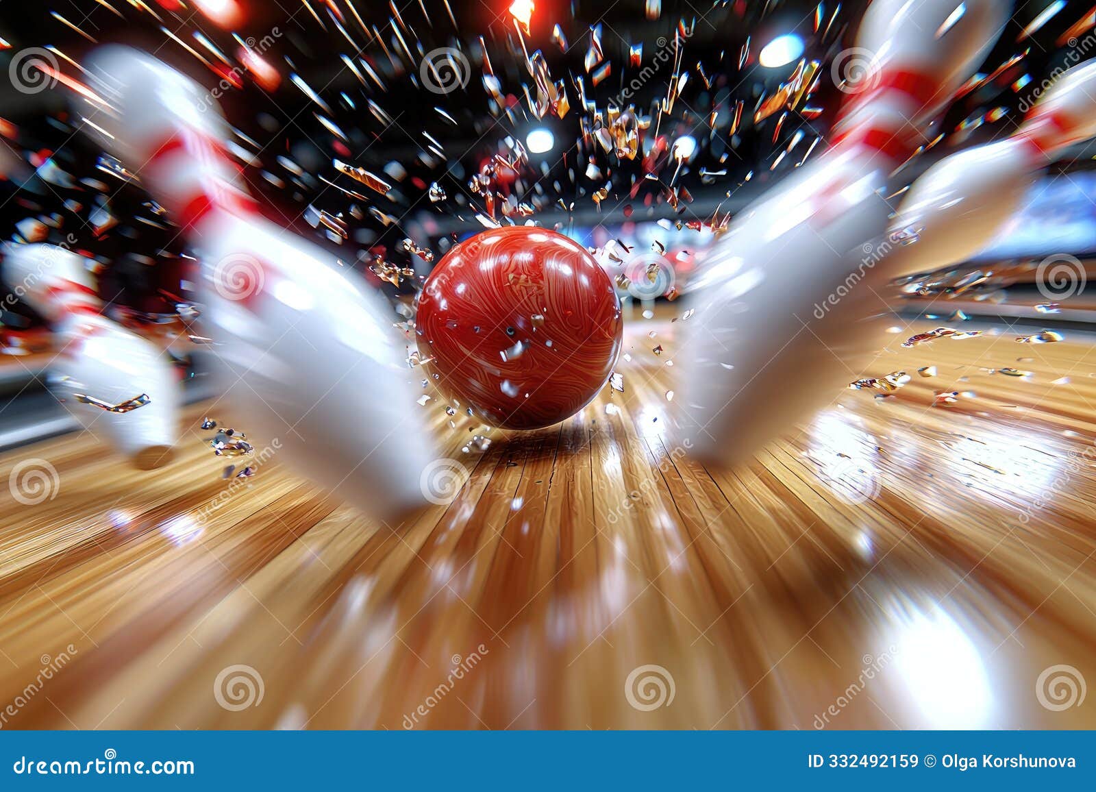 Explosive 3D Bowling Ball Strike with Flying Pins and Debris. Stock ...