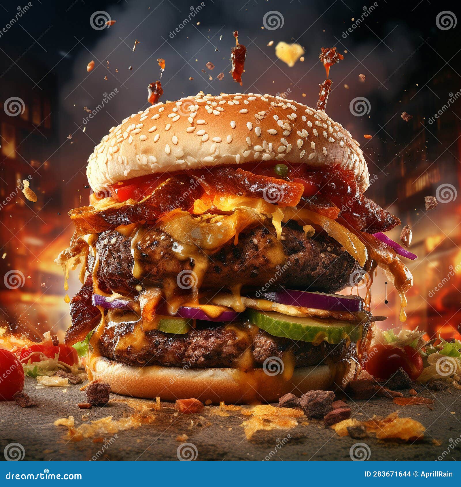 Explosive epic burger stock illustration. Illustration of portraits ...
