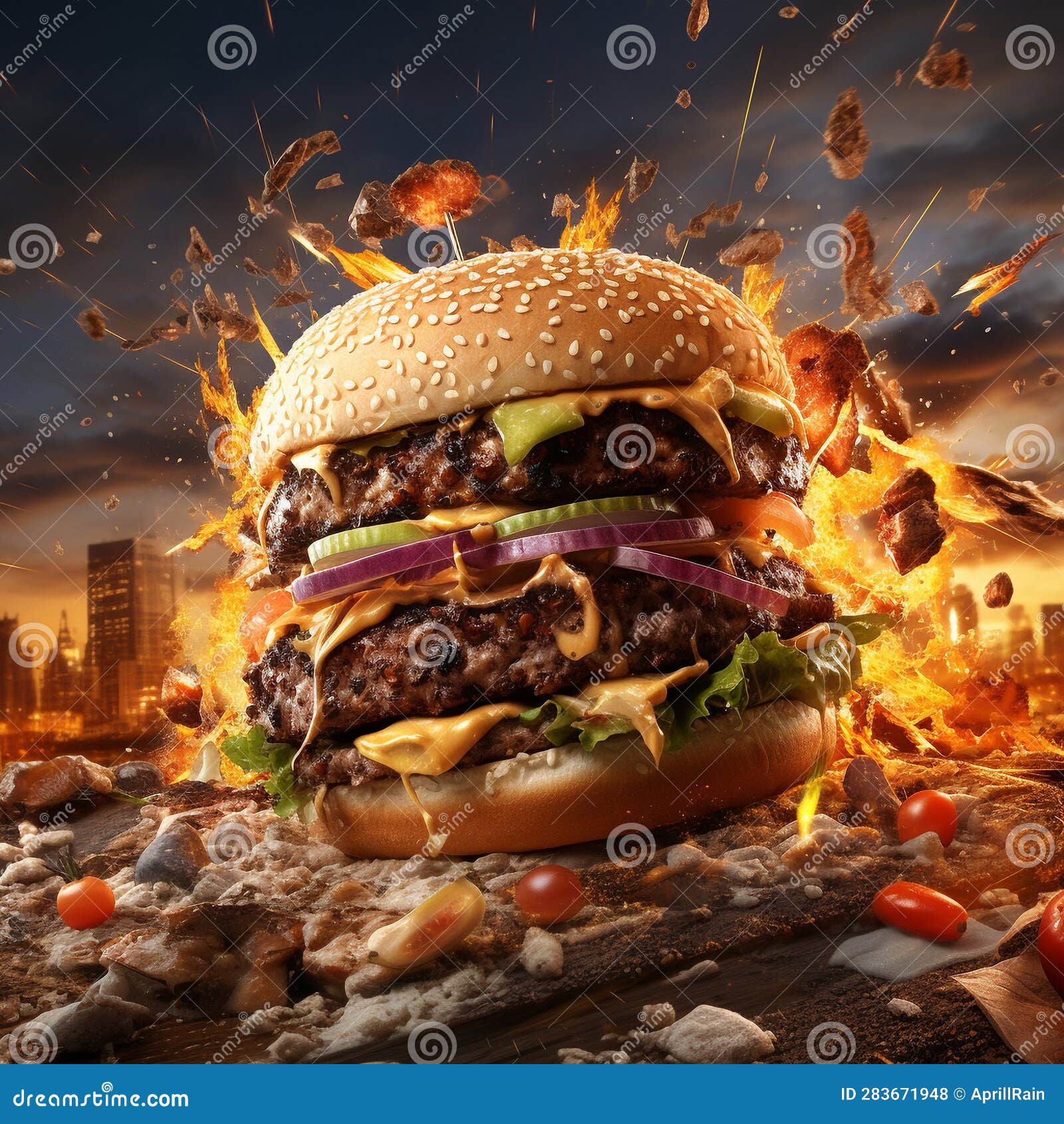 Explosive epic burger stock illustration. Illustration of dinner ...