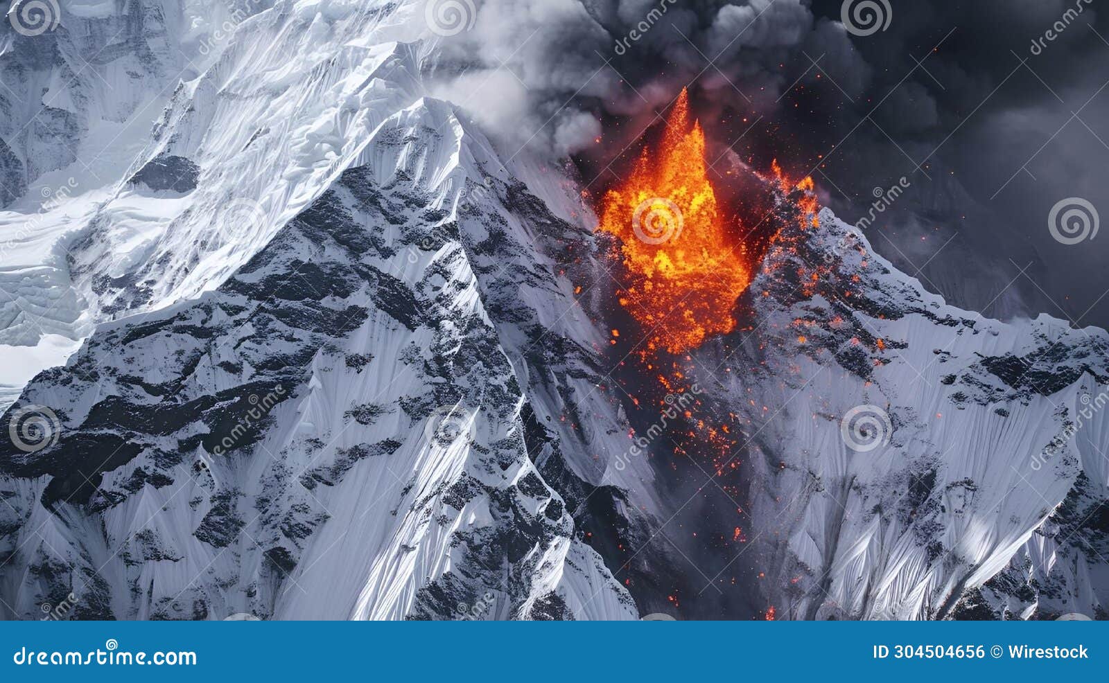 Explosive Eruption Near a Snowy Mountain Peak with Lava, AI-generated ...