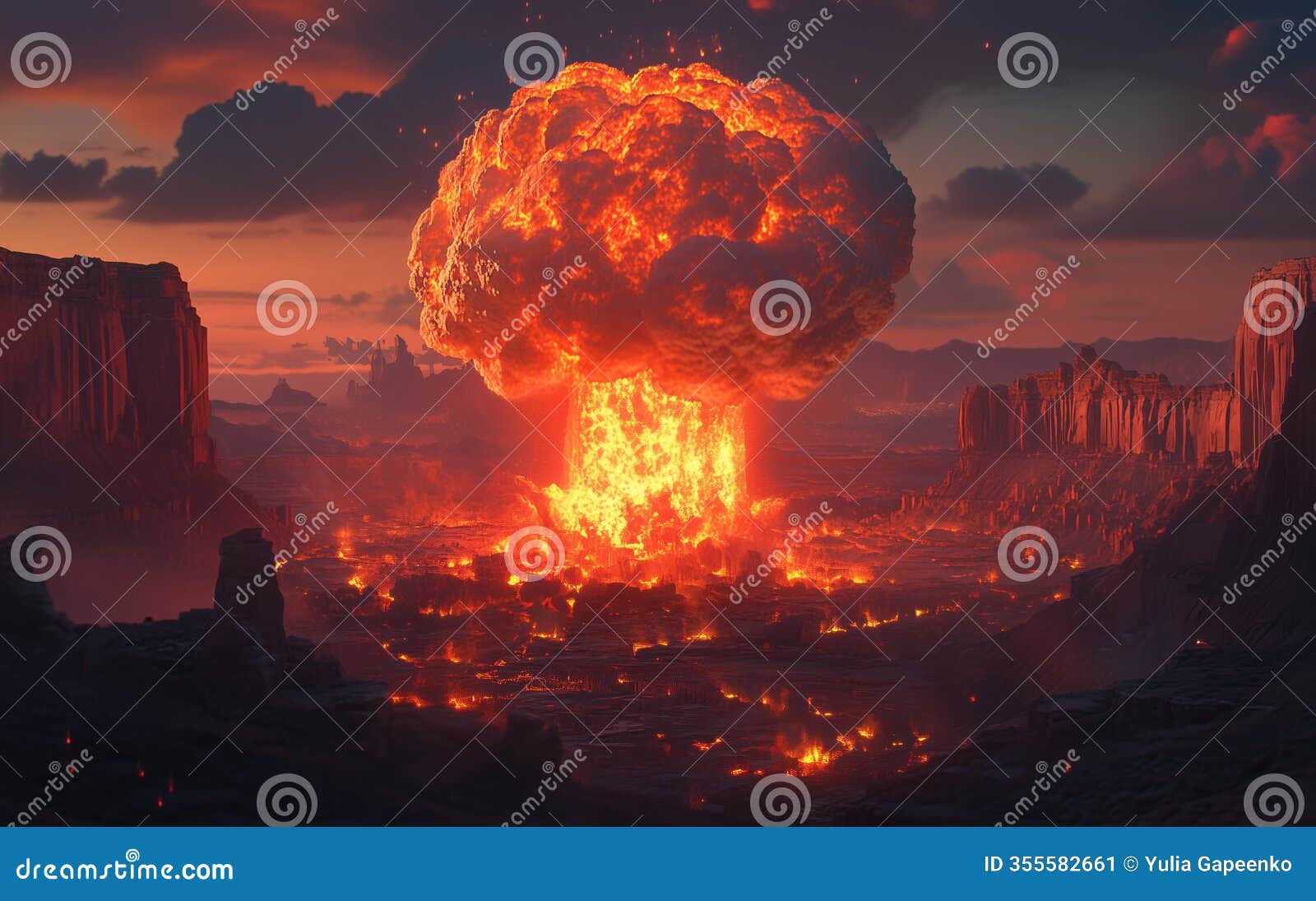 Explosive Eruption at Sunset in a Dramatic Landscape of Mountains and ...