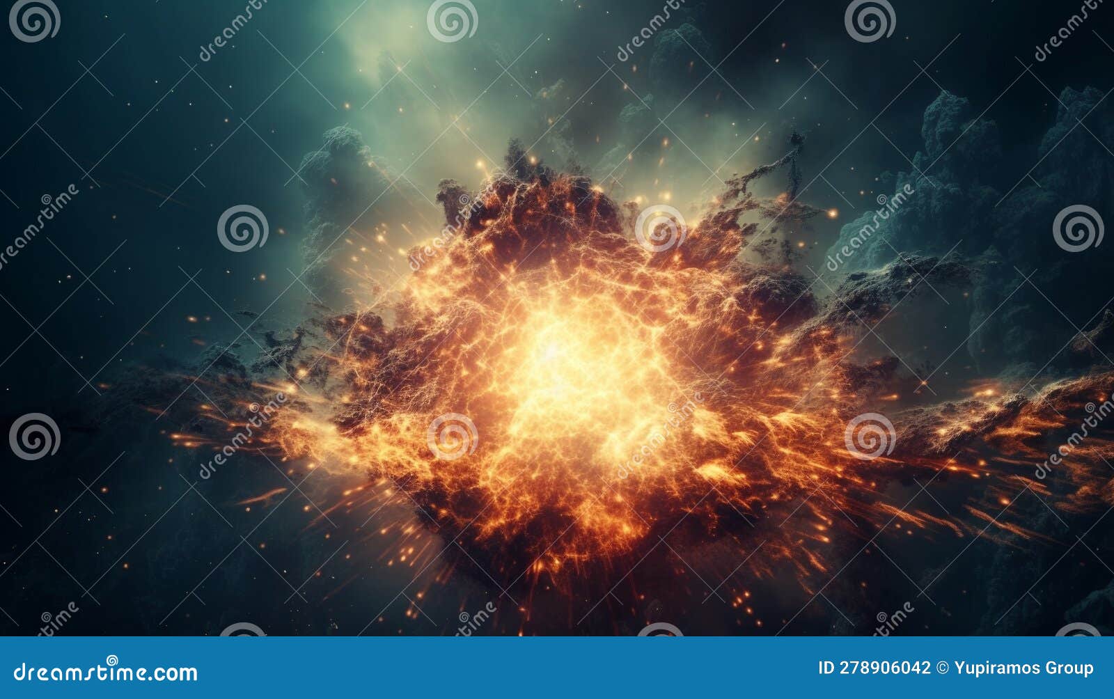Explosive Fireball Ignites Abstract Galaxy Backdrop in Futuristic ...