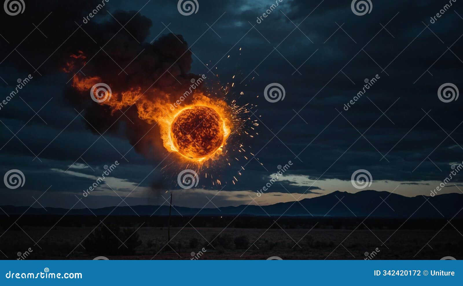 Explosive Fireball Over a Remote Desert Landscape Stock Illustration ...