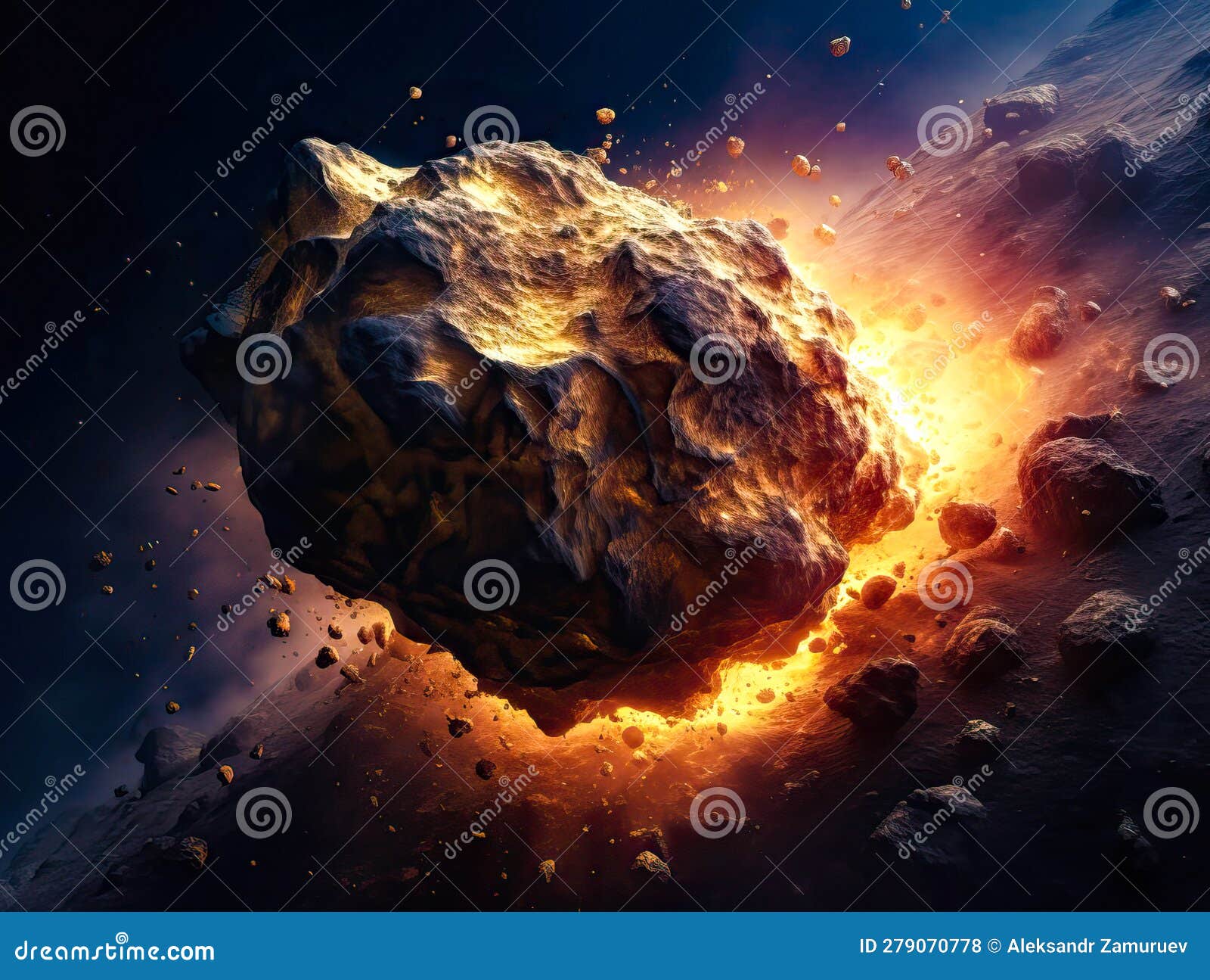 Explosive Gold Asteroid in Space. 3D Illustration. Elements of this ...