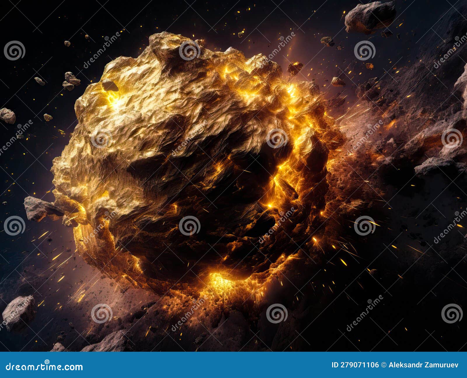 Explosive Gold Asteroid in Space. 3D Illustration. Elements of this ...