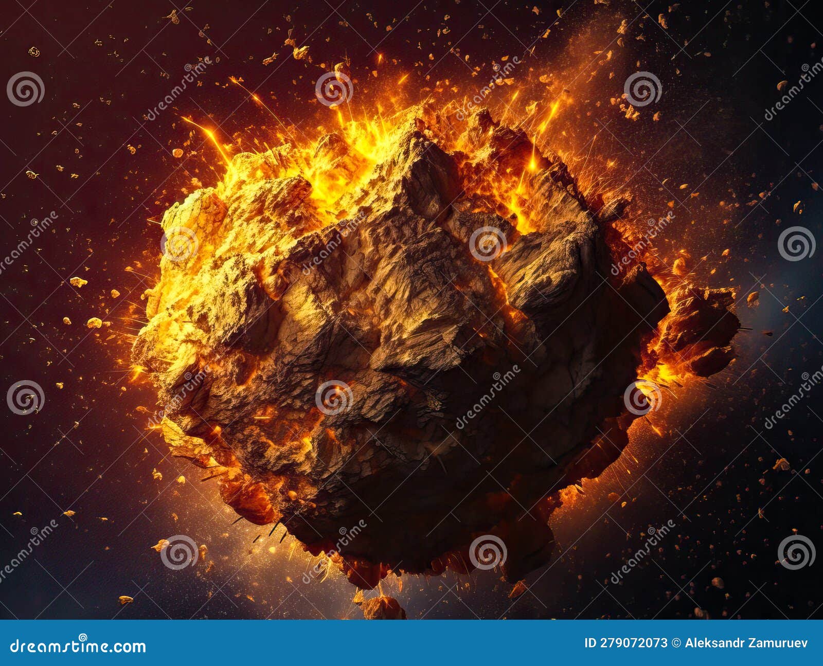 Explosive Gold Asteroid in Space. 3D Illustration. Elements of this ...