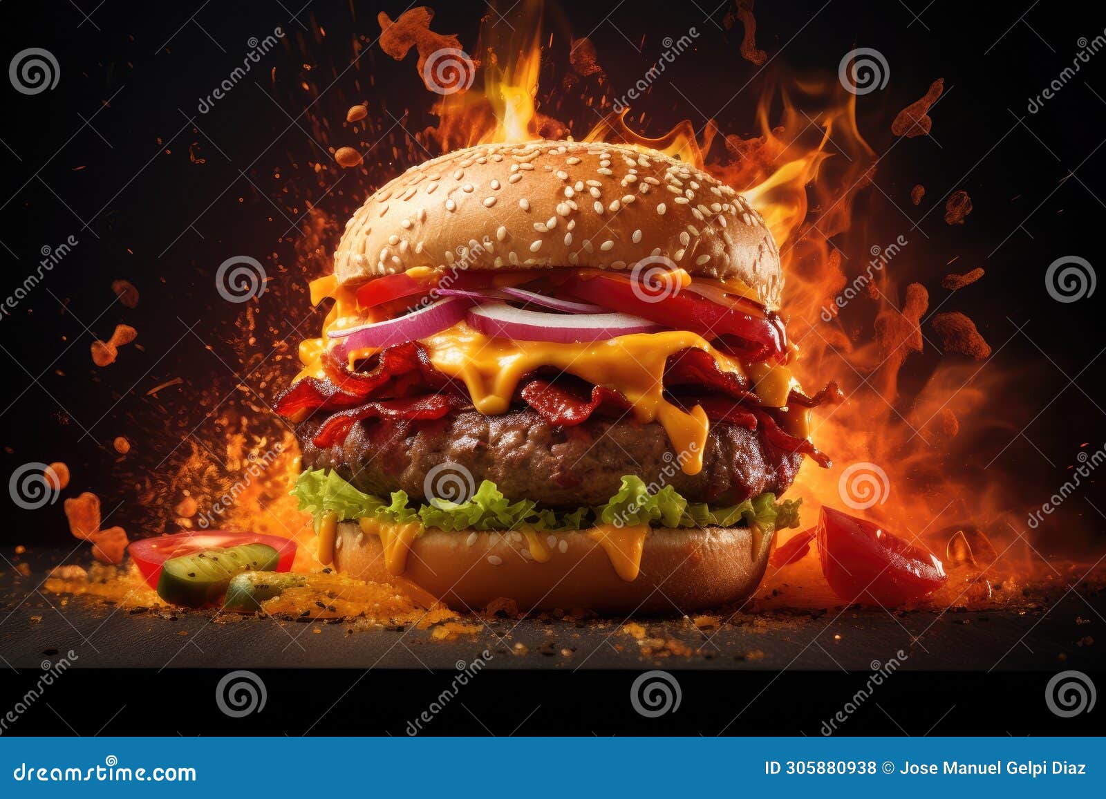 Explosive Gourmet Burger Bursting with Flavor and Fire - Generative AI ...