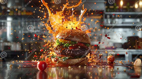 Explosive Gourmet Burger with Splashing Sauces, Generative AI Stock ...