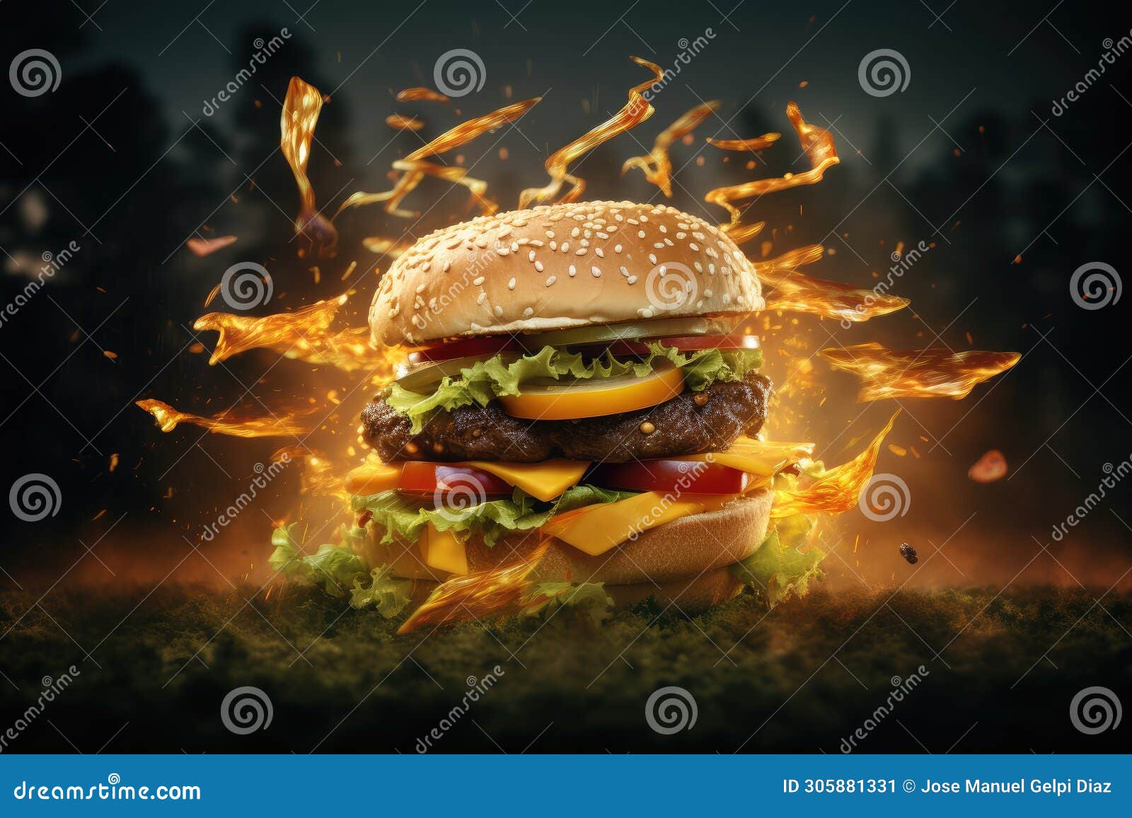 Explosive Gourmet Double Cheeseburger in Fiery Action - Generative AI ...