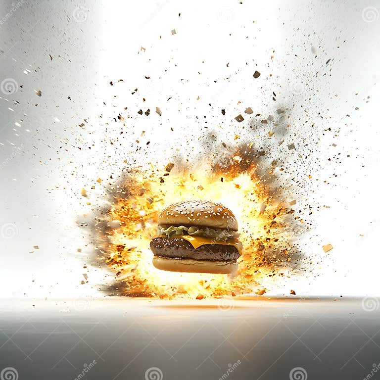 Explosive Grilled Burger Concept with Flames Stock Illustration ...