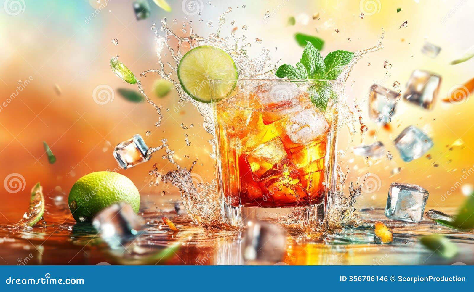 Dynamic Iced Tea Cocktail With Splashing Action On Golden Backdrop ...