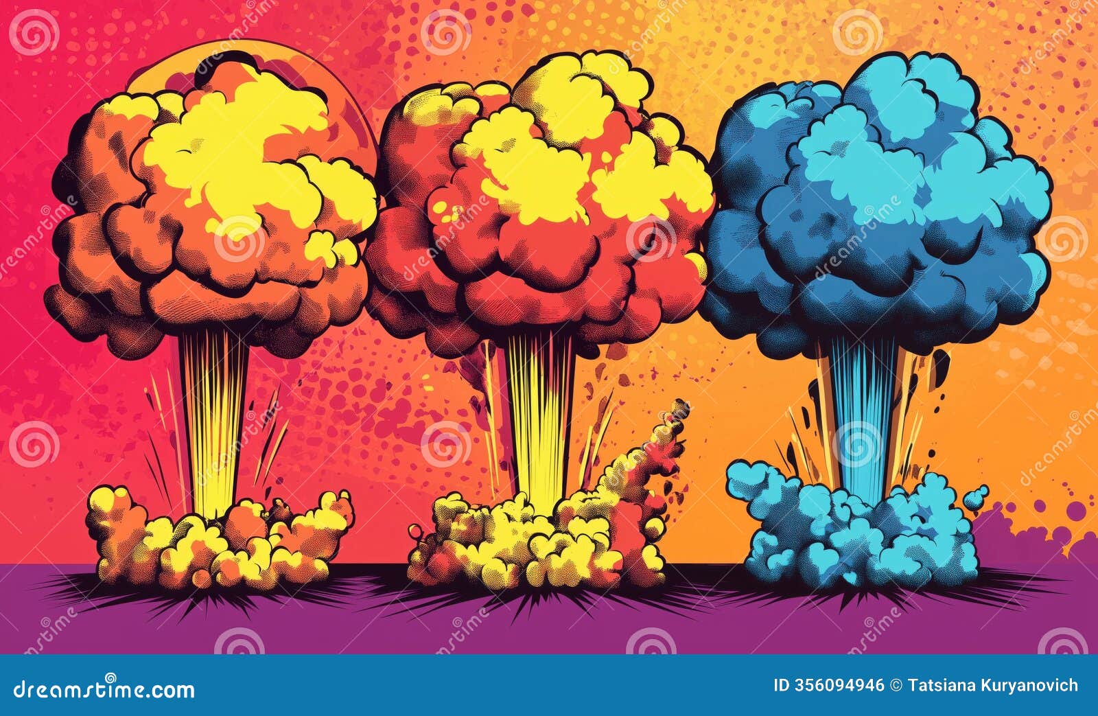 Explosive Mushroom Clouds in Vibrant Colors, Depicting Nuclear ...