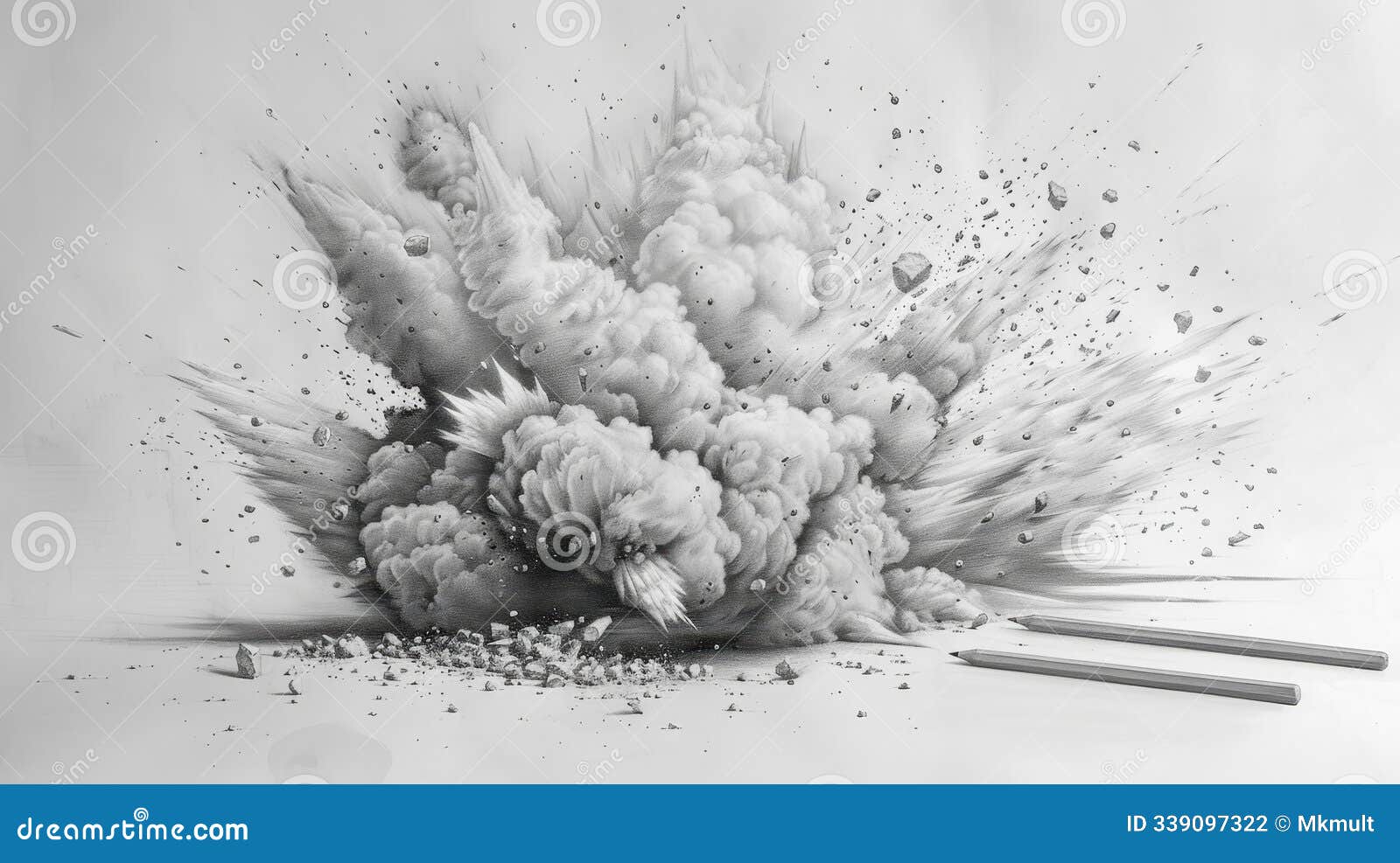 An Explosive Pencil Drawing Depicting a Detailed Explosion with Debris ...