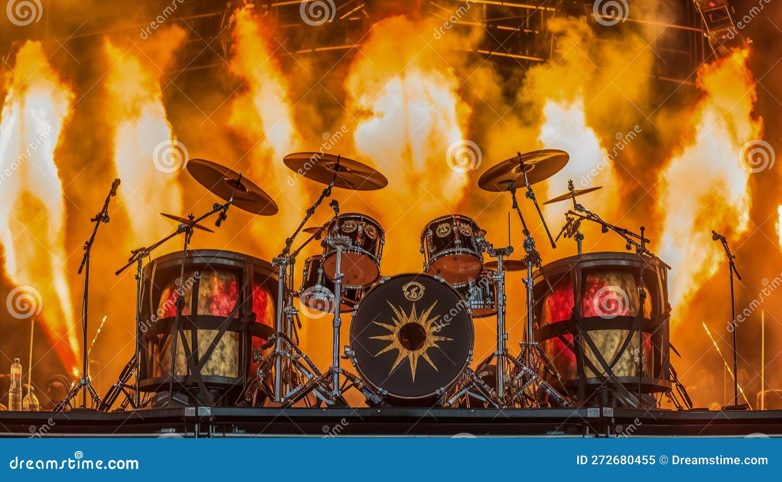 An Explosive Performance, Drums with Fire in Background on Stage ...