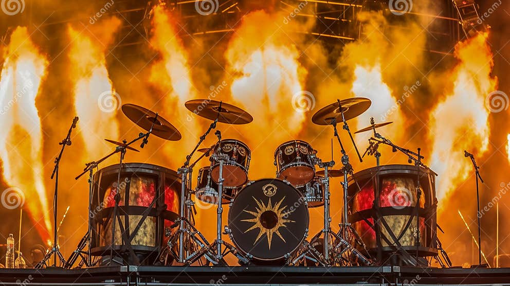 An Explosive Performance, Drums with Fire in Background on Stage ...
