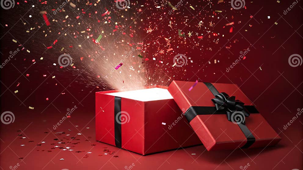 Explosive Red Gift Box Confetti Burst Stock Illustration - Illustration ...