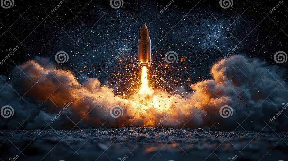 Explosive Rocket Launch Against Starry Backdrop Stock Illustration ...