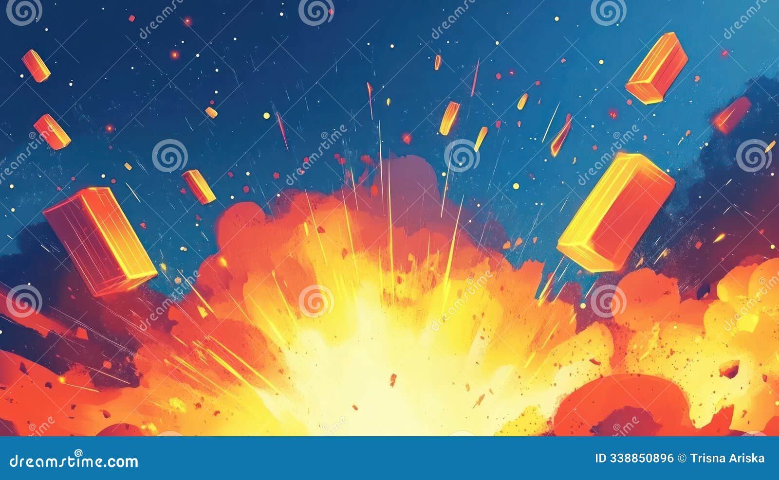 An Explosive Scene Depicting an Eruption with Debris and Vibrant Colors ...