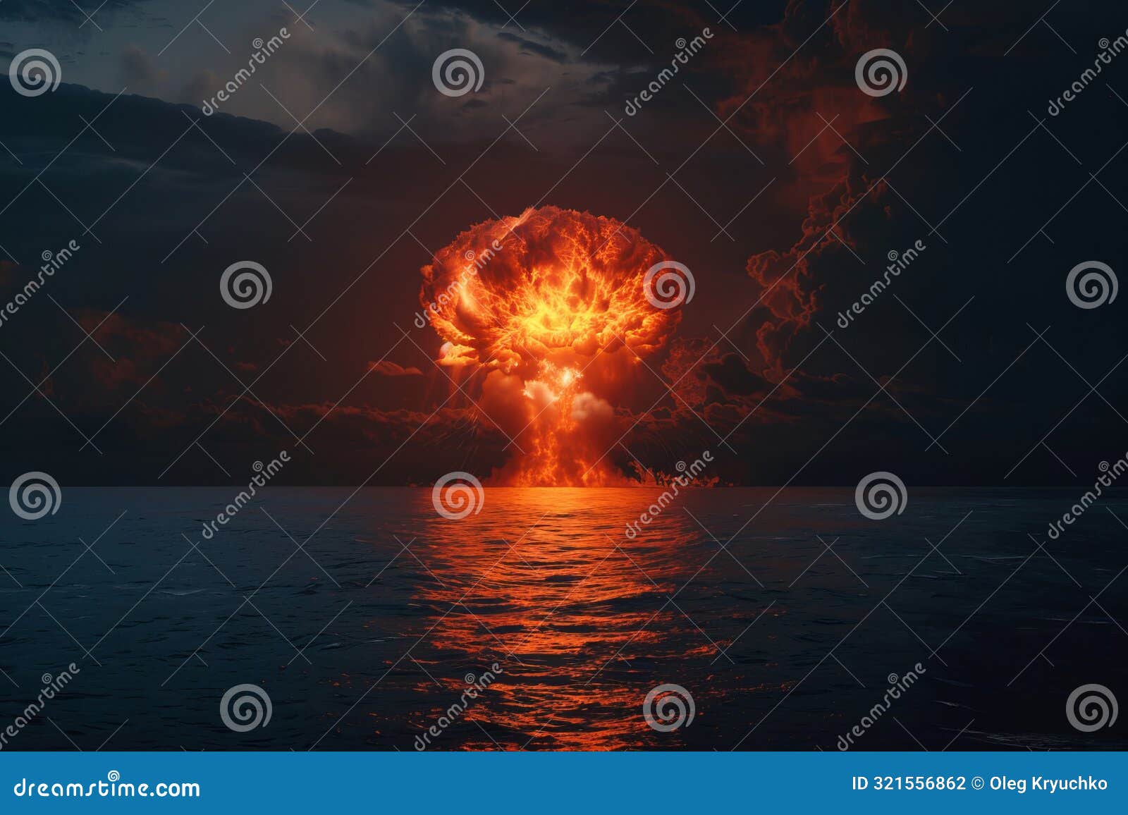 Explosive Scene Over Ocean at Sunset. a Powerful Explosion with Fiery ...
