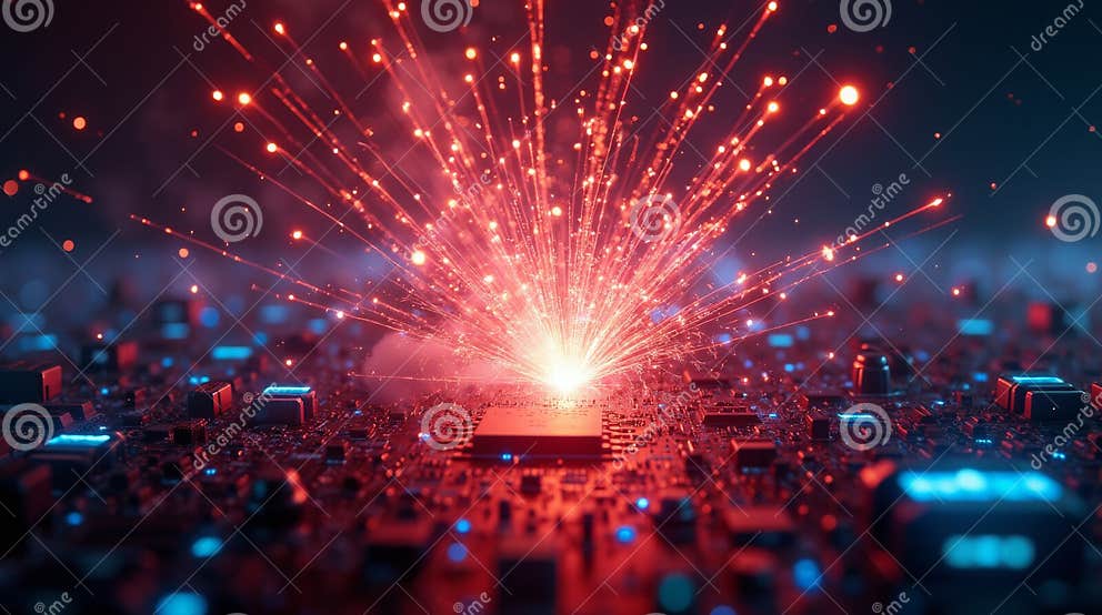Explosive Sparks Erupt from a Microchip, Symbolizing Powerful Digital ...