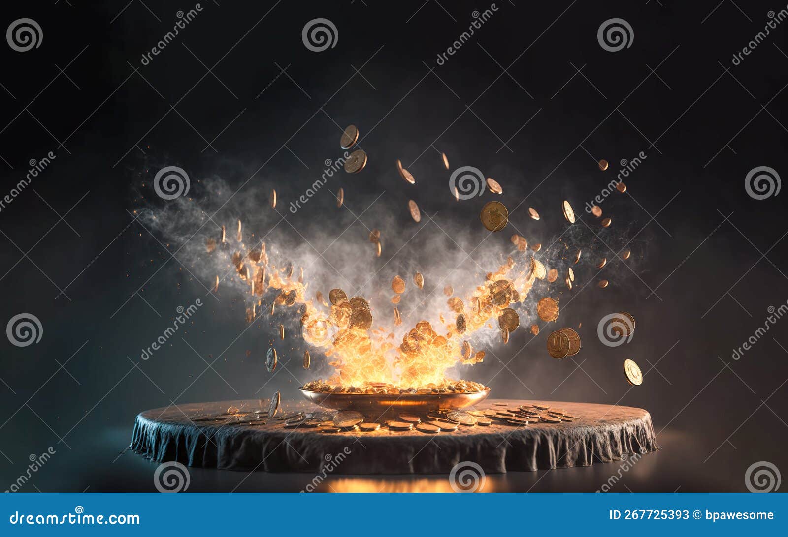 Explosive Success: Podium with Gold Coins Exploding, Generative AI ...