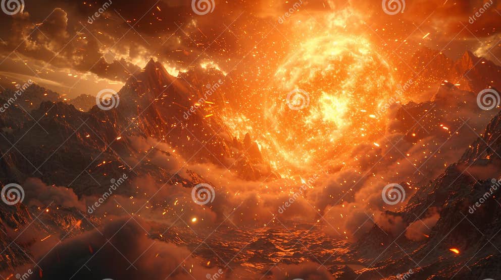 Explosive Sun Over Mountain Range - Generative Ai Stock Illustration ...