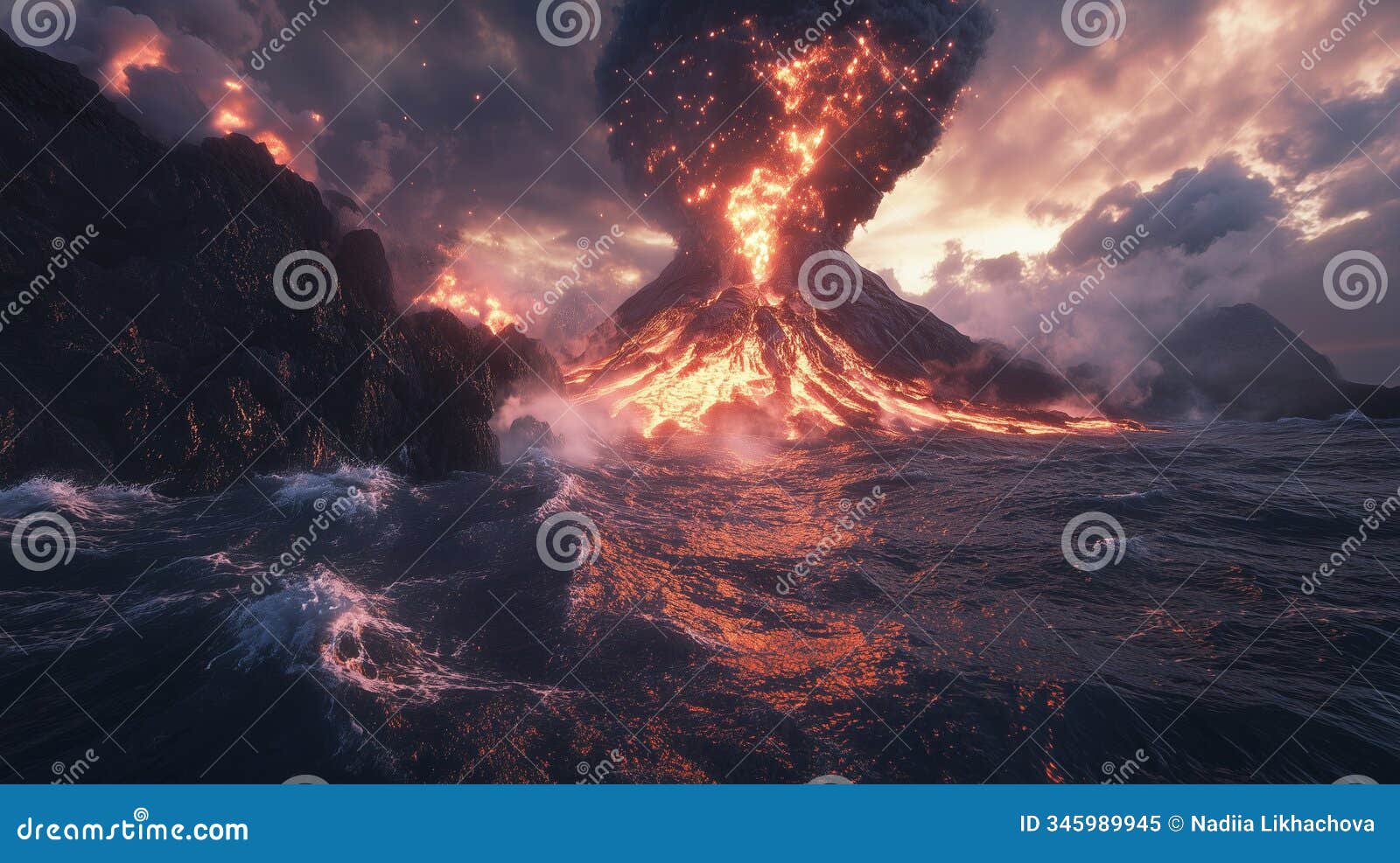 Explosive Volcanic Eruption with Glowing Lava Pouring into the Ocean ...