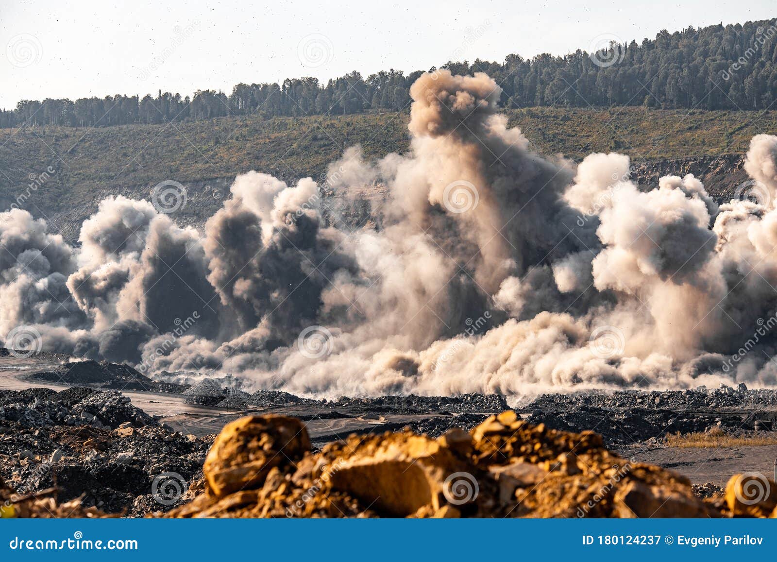 Explosive Works on Open Pit Coal Mine Industry with Dust and Puffs of ...