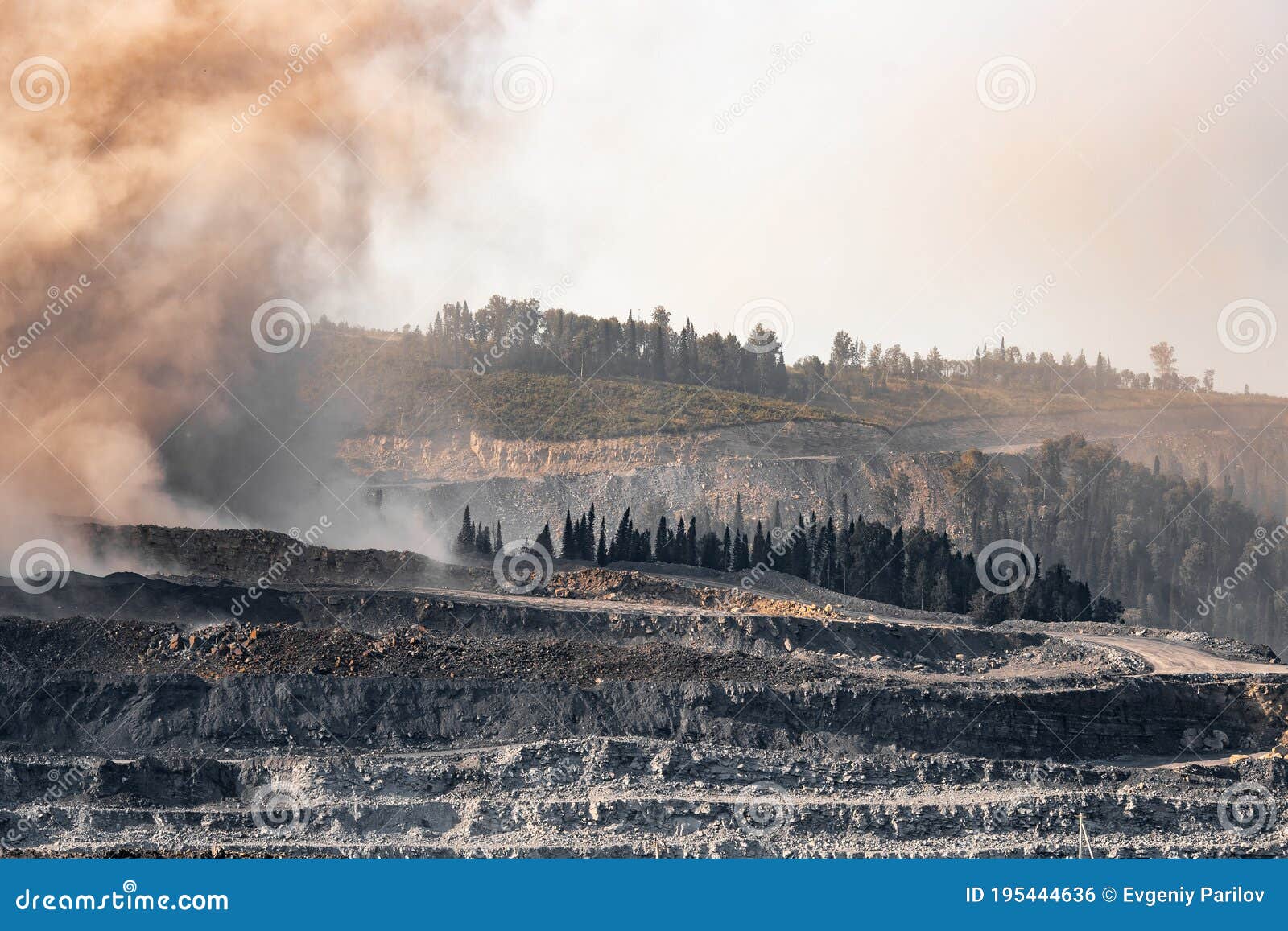 Explosive Works on Open Pit Coal Mine Industry with Dust and Puffs of ...