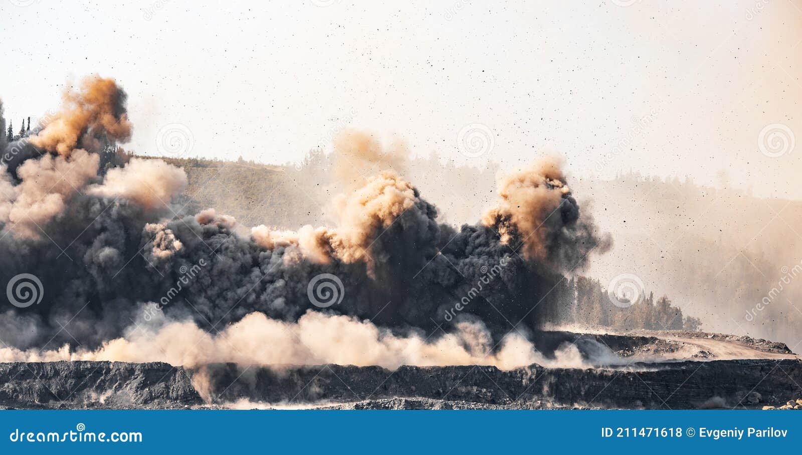 Explosive Works on Open Pit Coal Mine Industry with Dust and Puffs of ...
