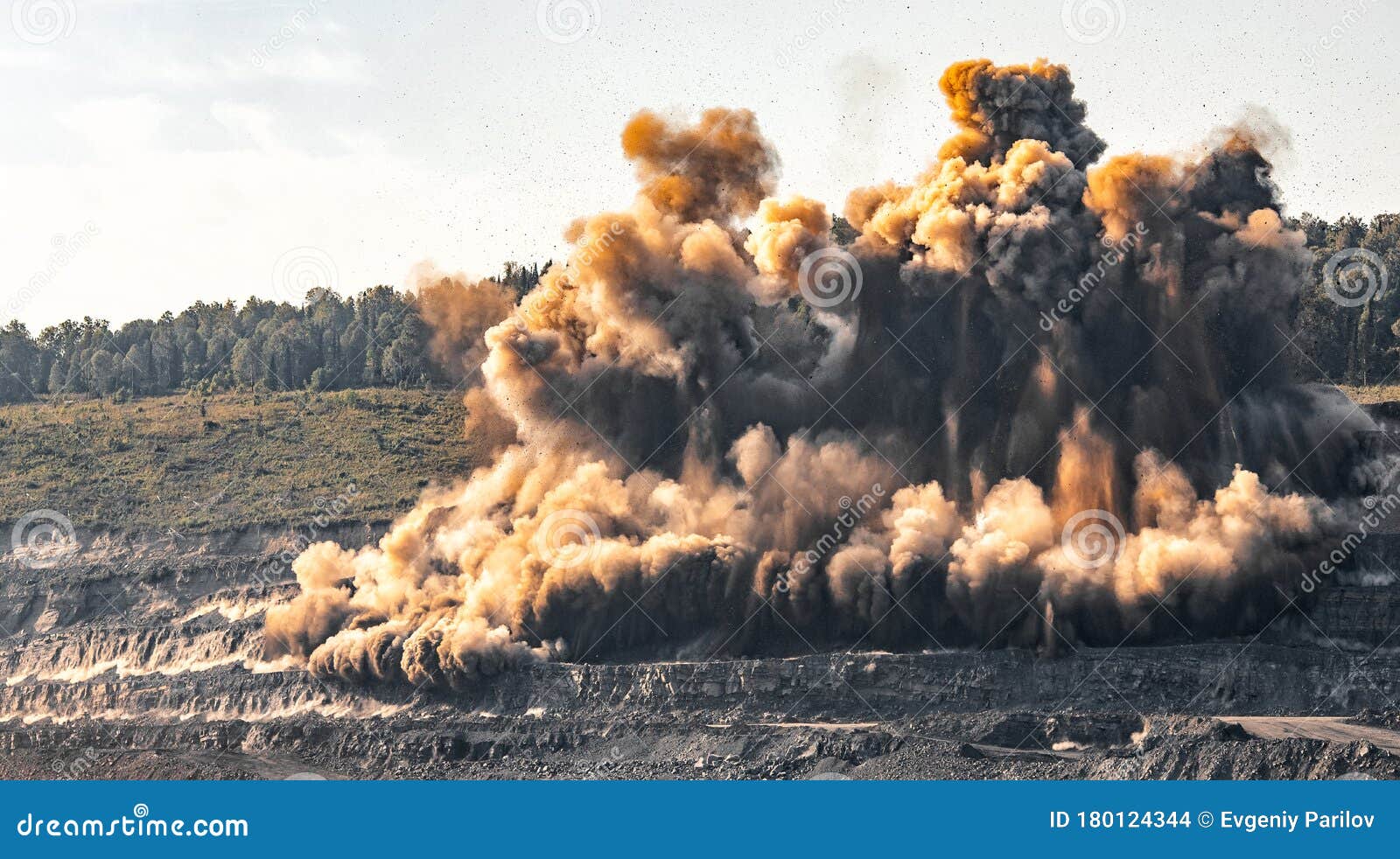 Explosive Works on Open Pit Coal Mine Industry. Dust and Puffs of Smoke ...