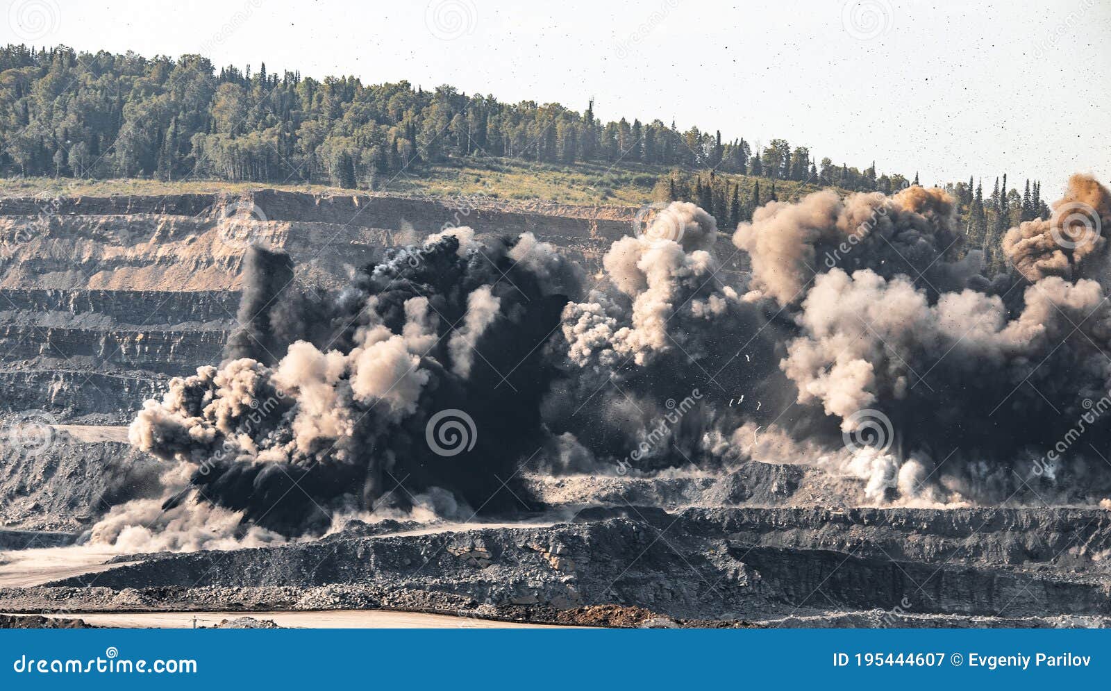 Explosive Works on Open Pit Coal Mine Industry. Dust and Puffs of Smoke ...