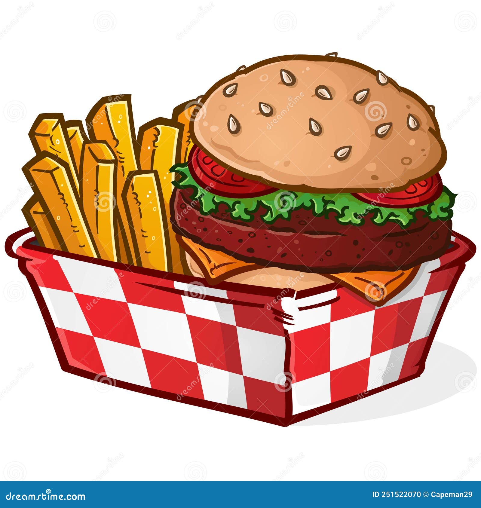 Cheeseburger Basket with French Fries Cartoon Illustration Stock Vector ...