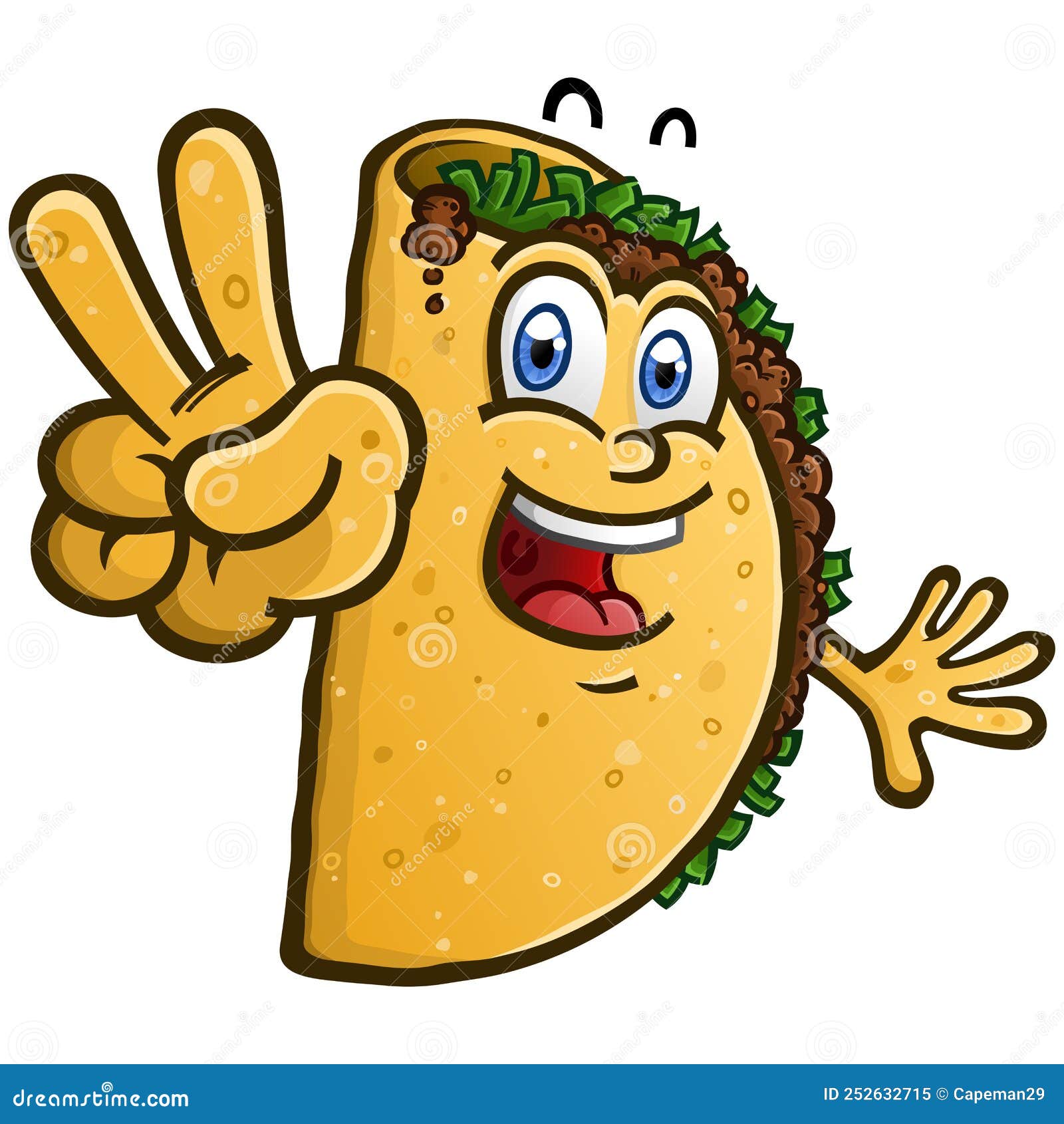 Taco Cartoon Character Flashing a Peace Sign Hand Gesture Stock Vector ...