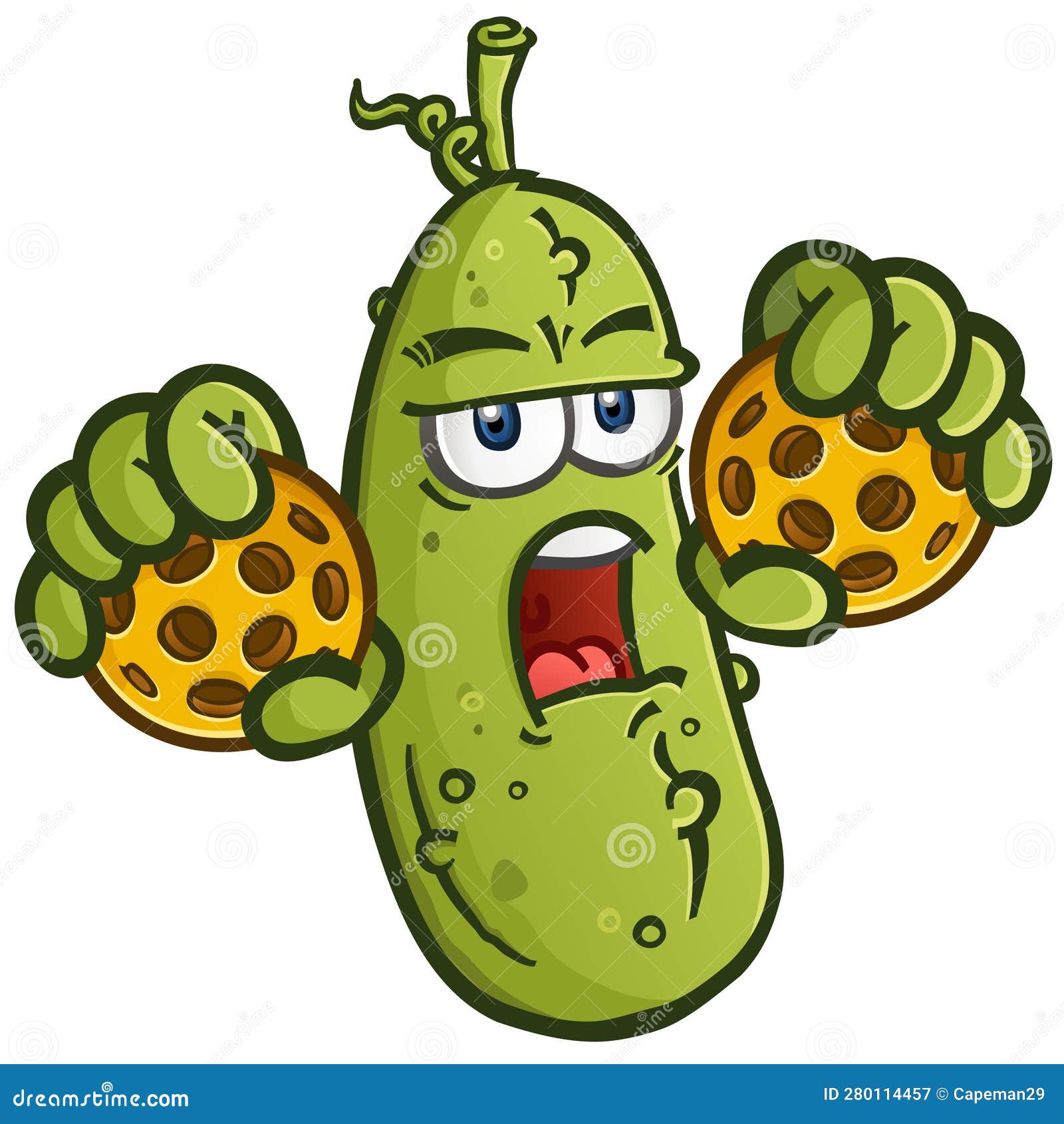 Angry Pickle Cartoon Character Holding Pickleballs Stock Vector ...