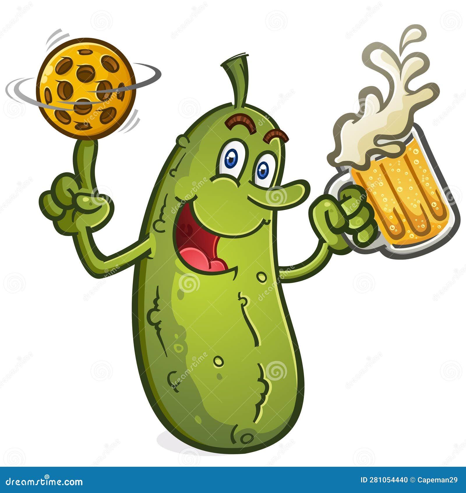 A Happy Pickle with Attitude Spinning a Ball on His Finger and Drinking ...