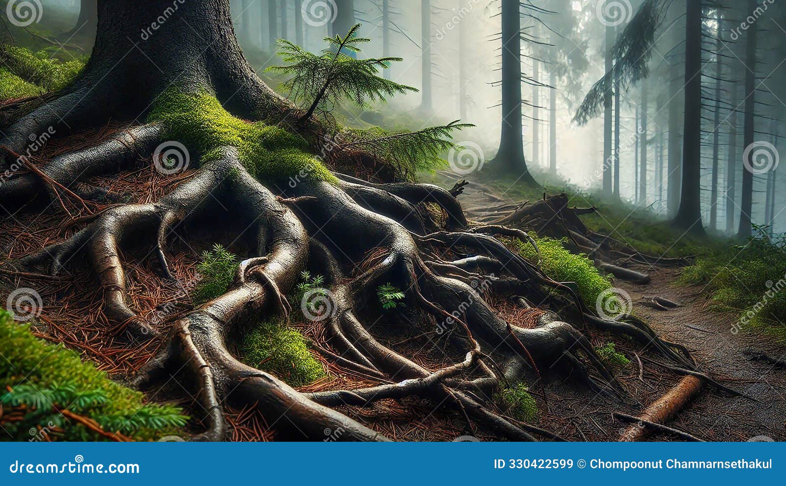 Exposed Fir Tree Roots on a Misty Forest Floor, with Soft, Ambient ...