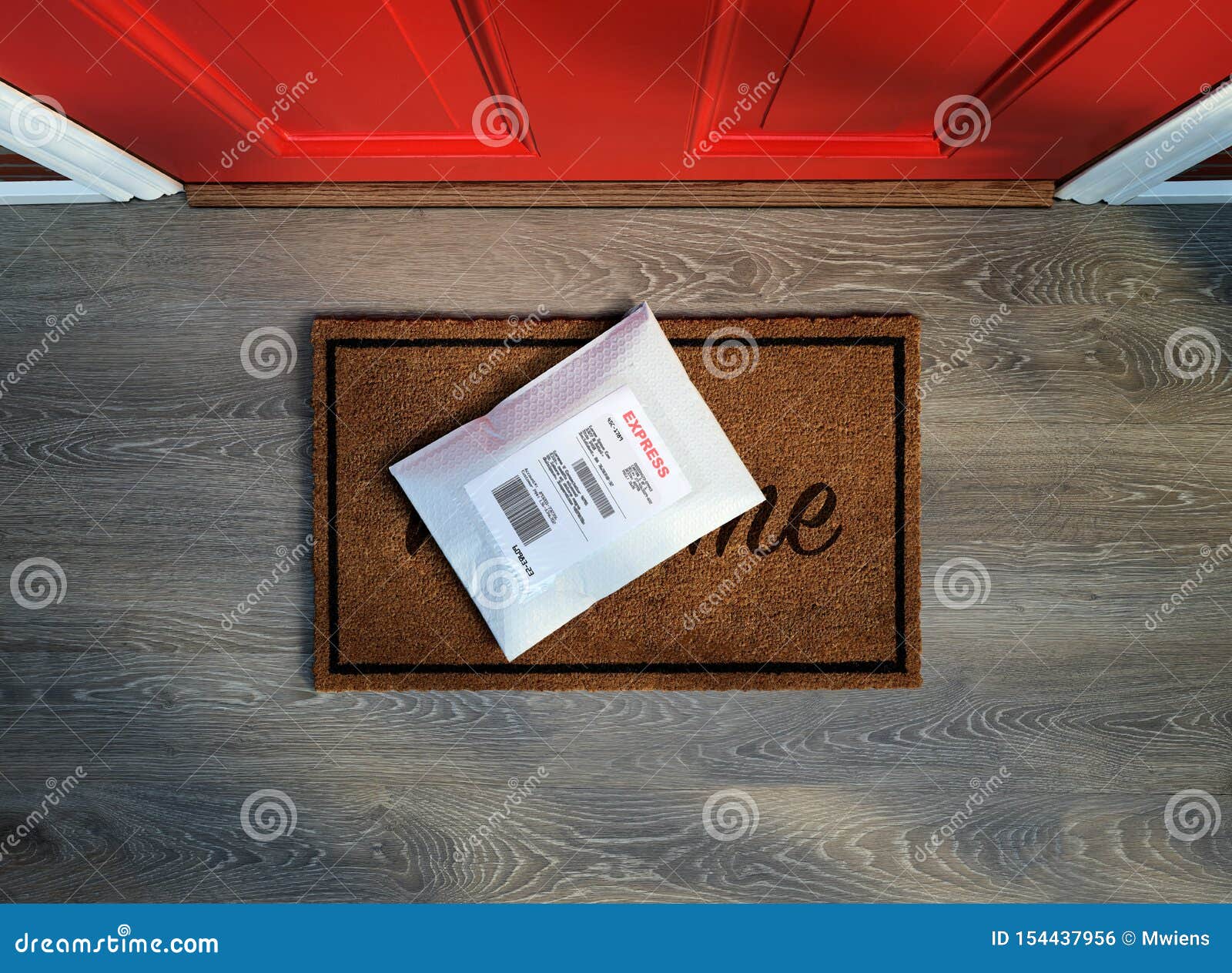 Express Envelope Package Delivered To Residential Front Door. Stock ...