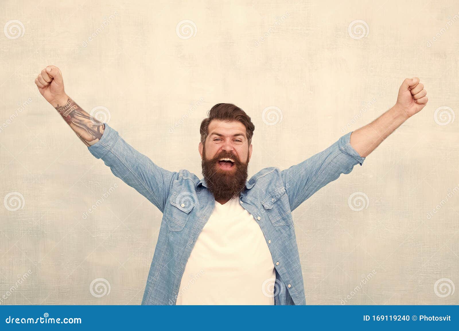 Express Happiness Feel Success After Barbershop Bearded Man Celebrate