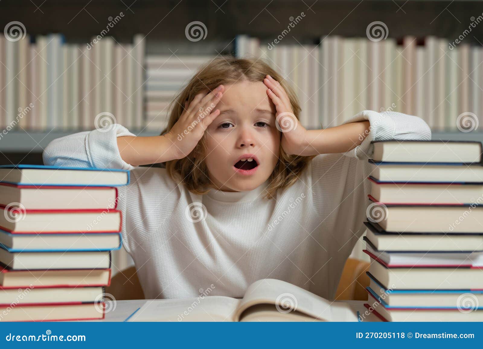 Expression School Kid with Piles of Books. Elementary School Boy ...