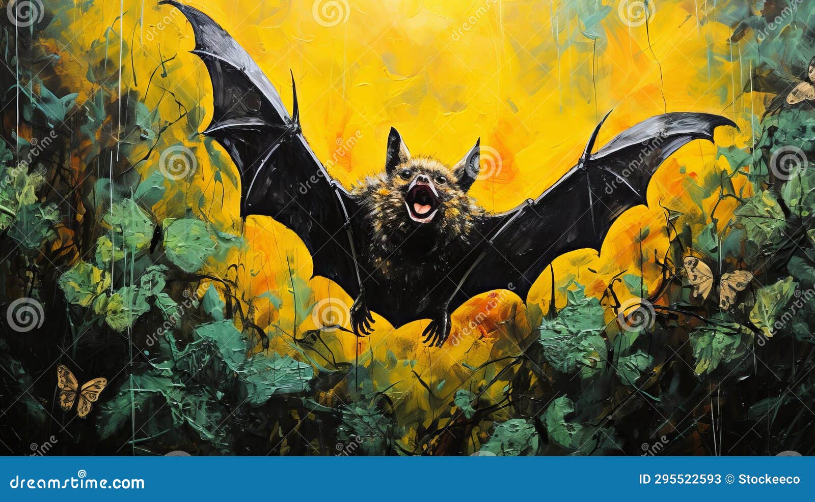 Expressionism Illustration: Vibrant Bat Flying in a Mysterious Jungle ...