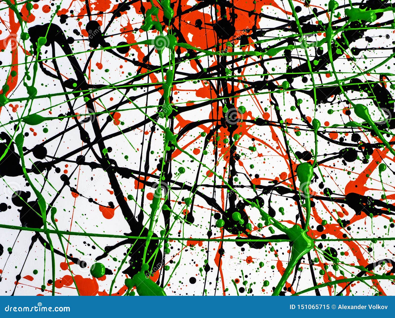 Expressionism. Red Black Green Paint Splattered with Lines and Drops on ...