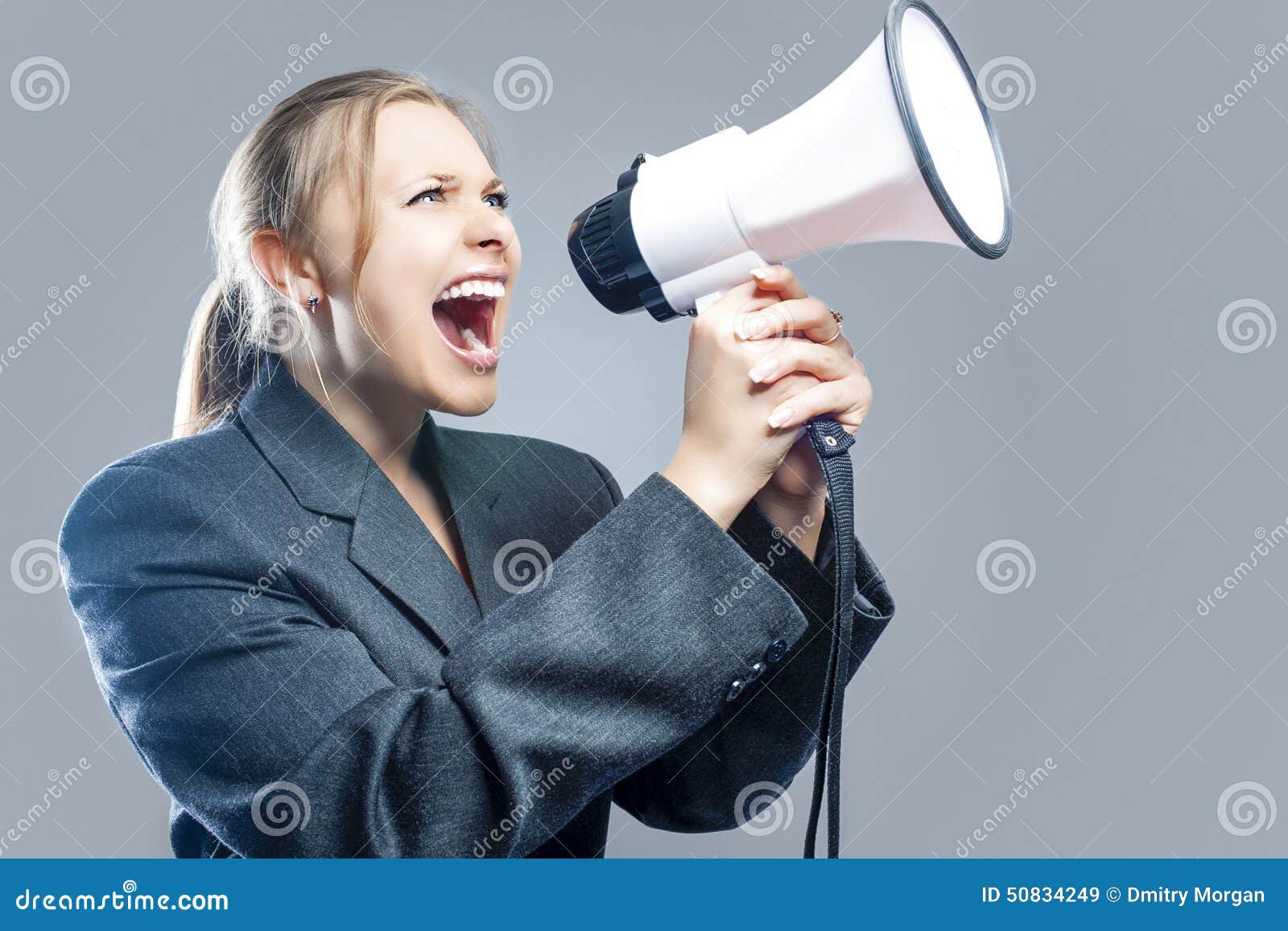 Expressive Caucasian Blond Female Screaming Using Big White Mega Stock ...