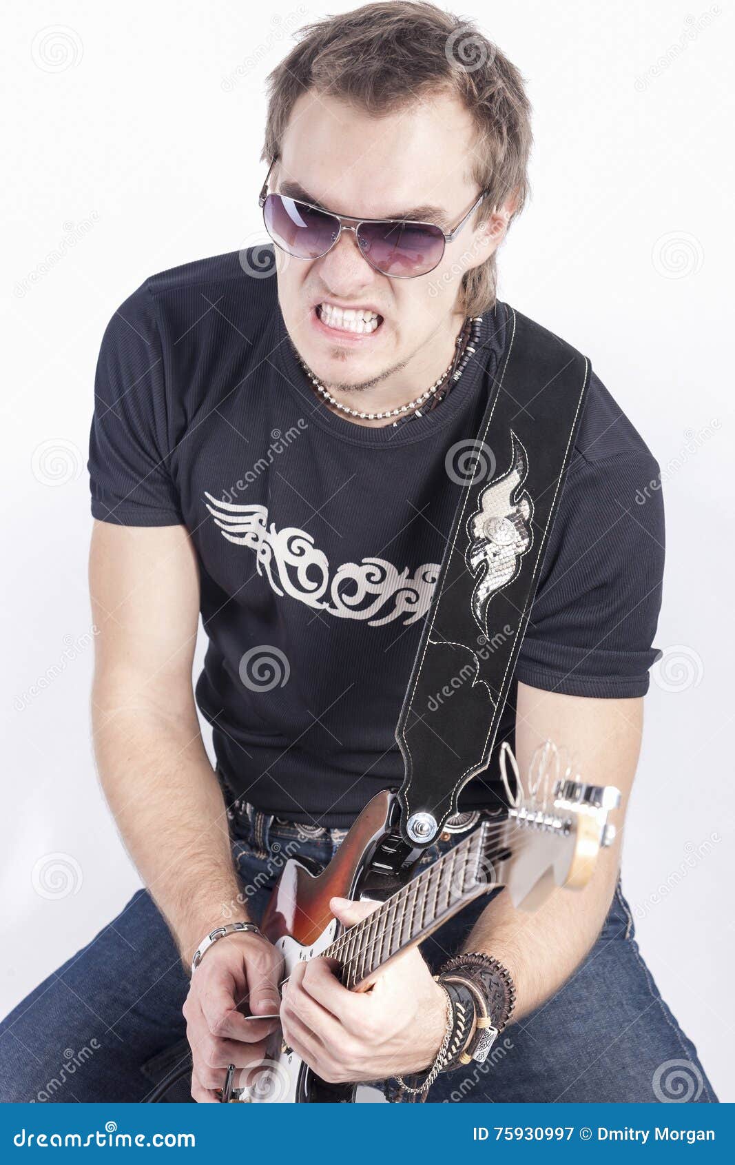 Expressive Caucasian Musician with Electric Guitar. Stock Image - Image ...