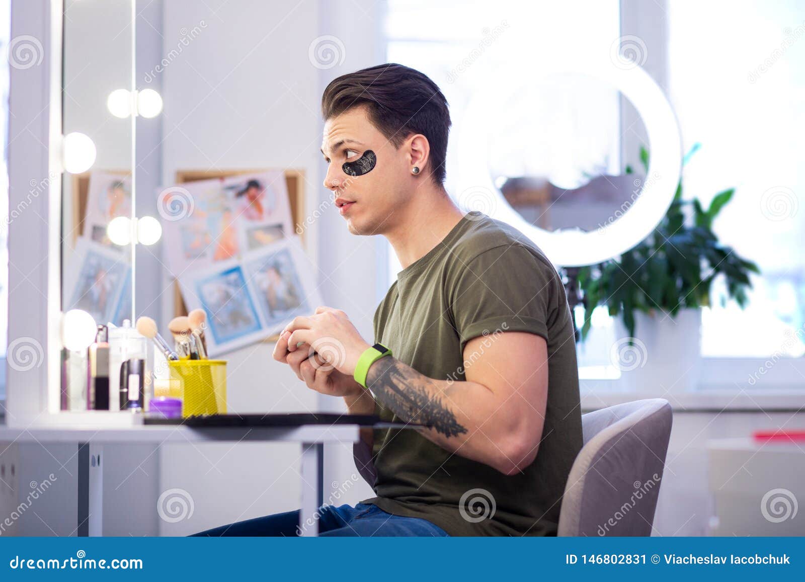 Expressive Curious Man Checking His Look in Mirror Reflection Stock ...