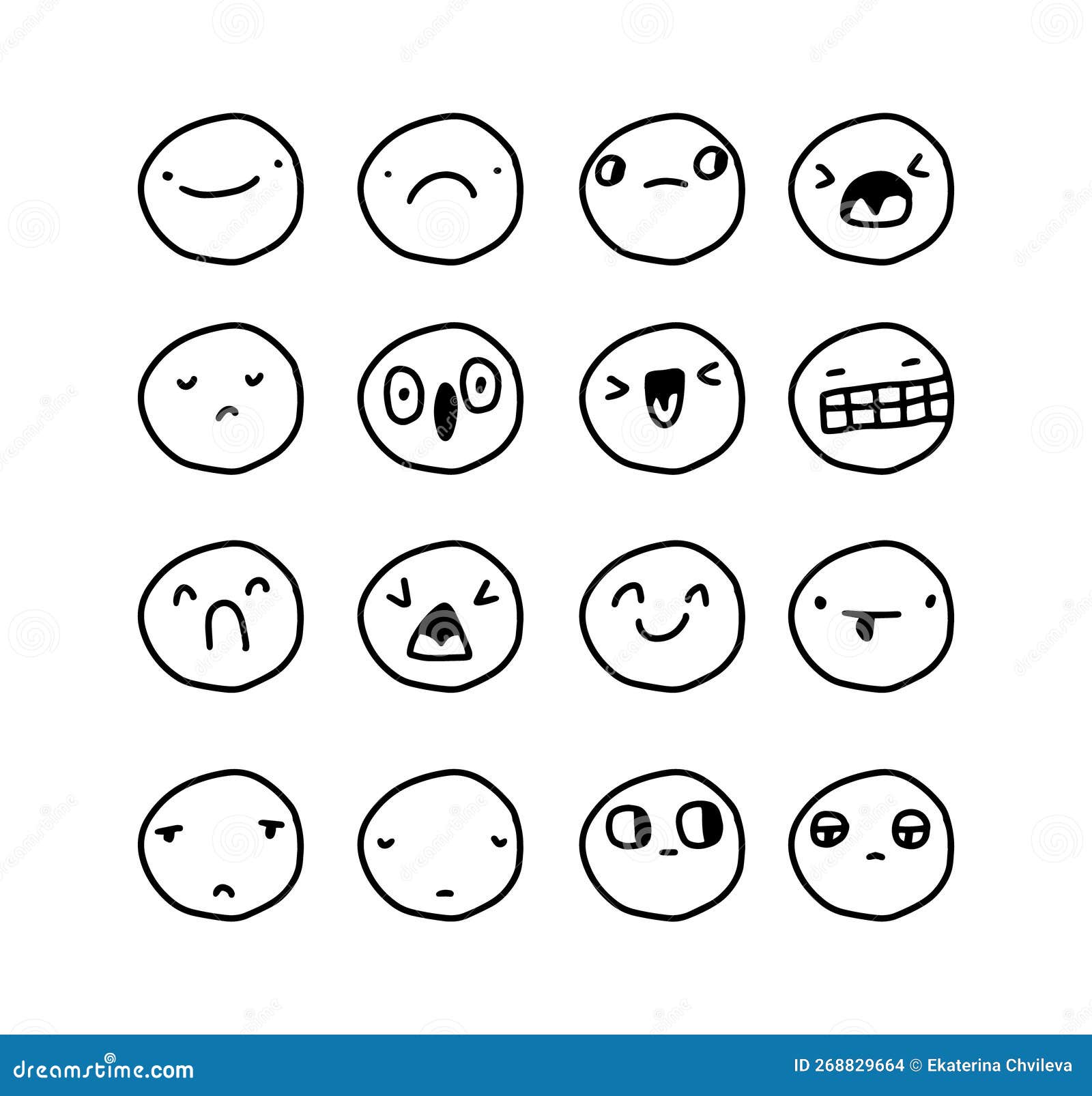 Expressive Face Creative Doodle Illustration Line Style Set Stock ...