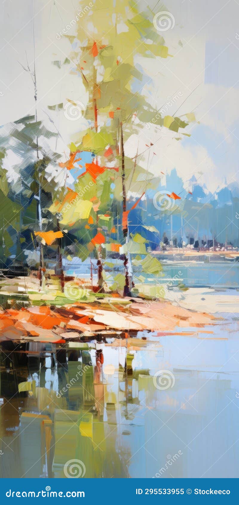 Expressive Landscape Painting with Trees and Boats Stock Illustration ...