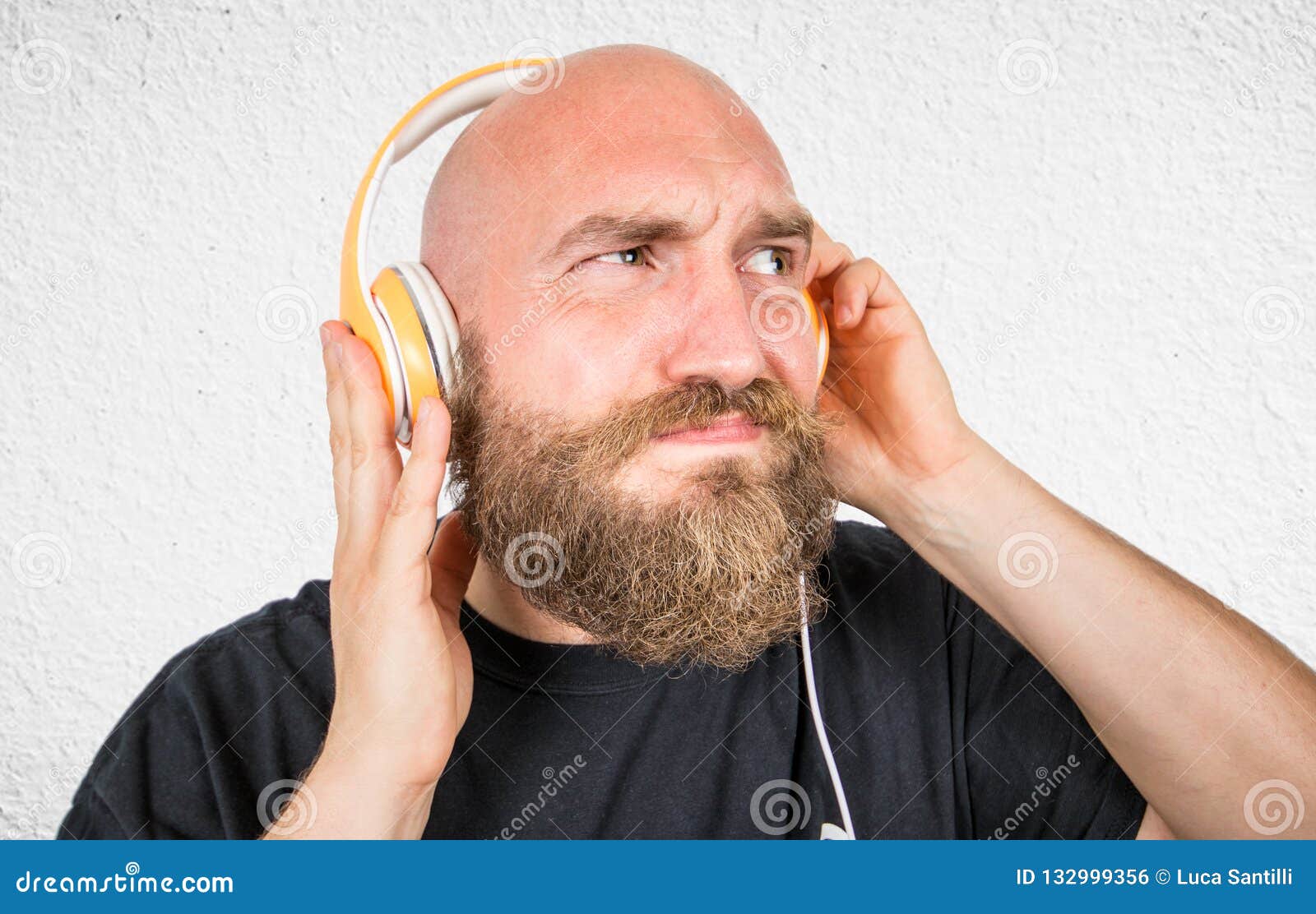 Expressive Man Listen Music with Headphone Stock Photo - Image of ...