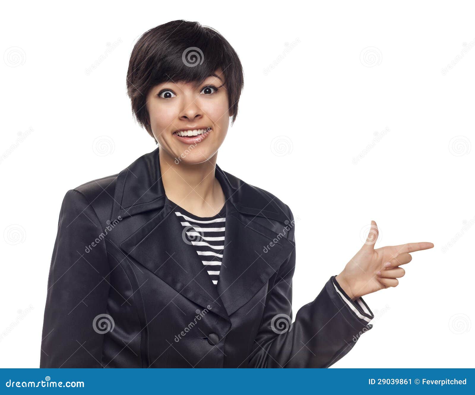 Expressive Mixed Race Woman Pointing To Side on White Stock Image ...